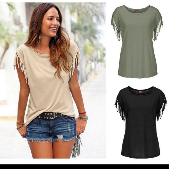 T&J Designs | Tops | Tan Fringed Sleeve Top | Poshmark
